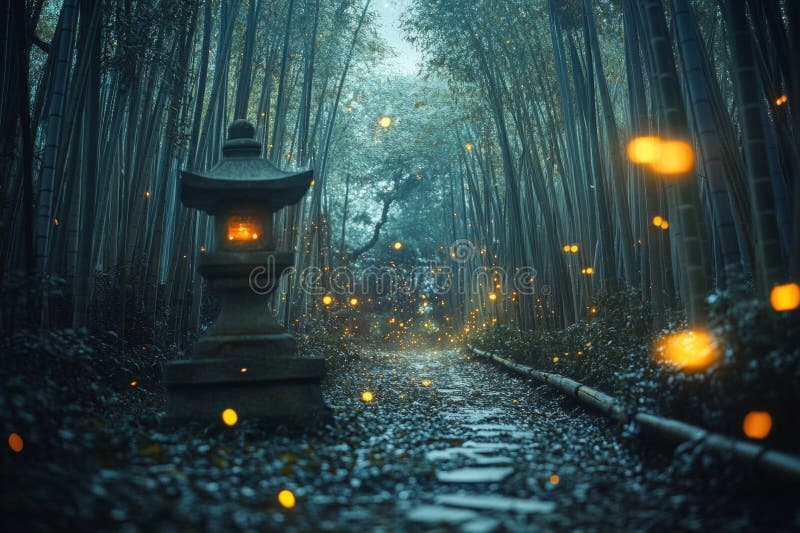 A Serene Bamboo Forest Path Illuminated by Glowing Fireflies. the ...