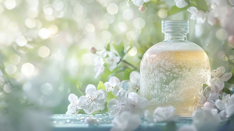 Floral Scented Bubble Bath Bottle Nature Setting Product Photography Relaxing Atmosphere Close ...