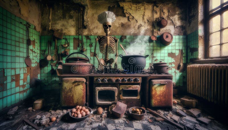 Abandoned Kitchen with Skeleton Chef and Old Stove Stock Illustration ...