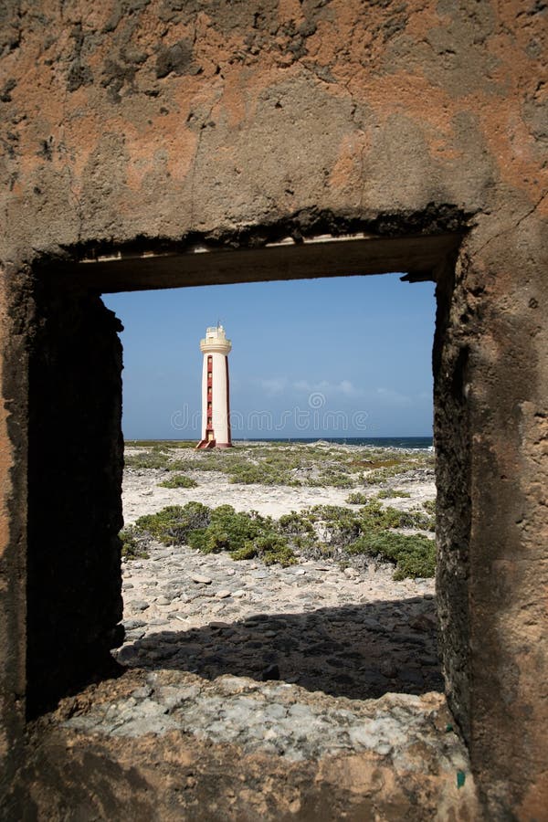 Framed Lighthouse through a Historic Stone Window - Coastal View Stock ...