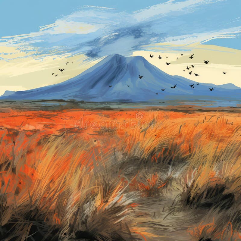 Crayon Style Volcano View with Angels on Marsh Plains Stock ...