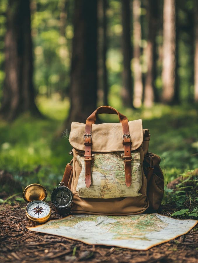 Discovering Nature with a Backpack, Compass, and Map in a Serene Forest ...
