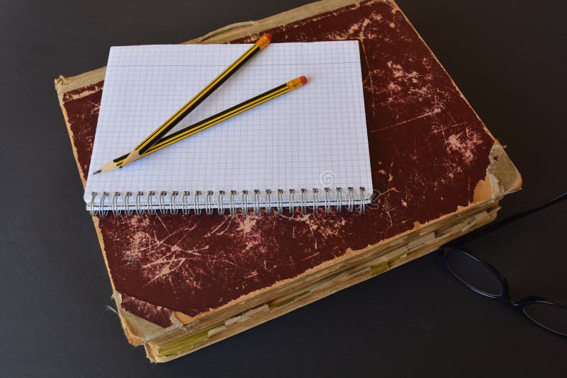 Ancient Folio with a Blank Notepad and Pencils Stock Photo - Image of ...
