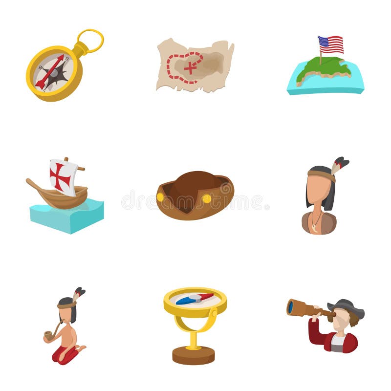 Discovery of America Icons Set, Cartoon Style Stock Vector ...