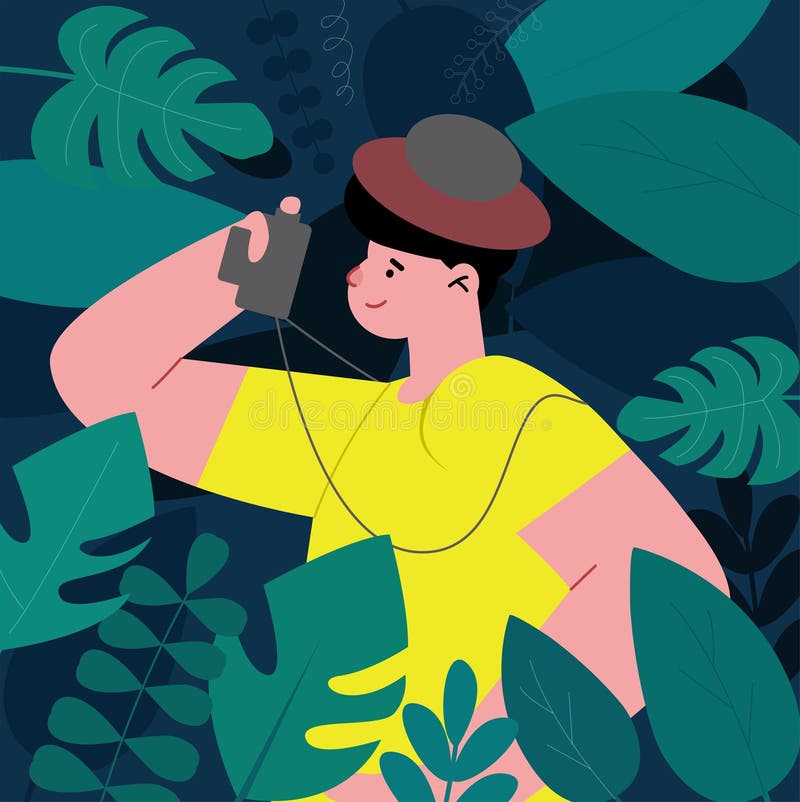 Explorer in the Forest with Camera, Discovery Concept, Stock ...