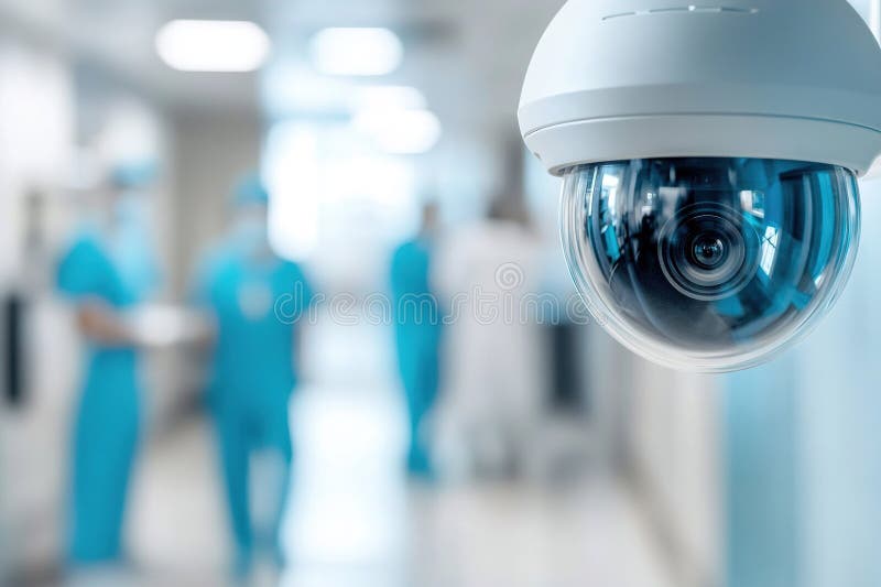 A Discreet Security Camera is Mounted in a Softly Lit Hospital Corridor ...