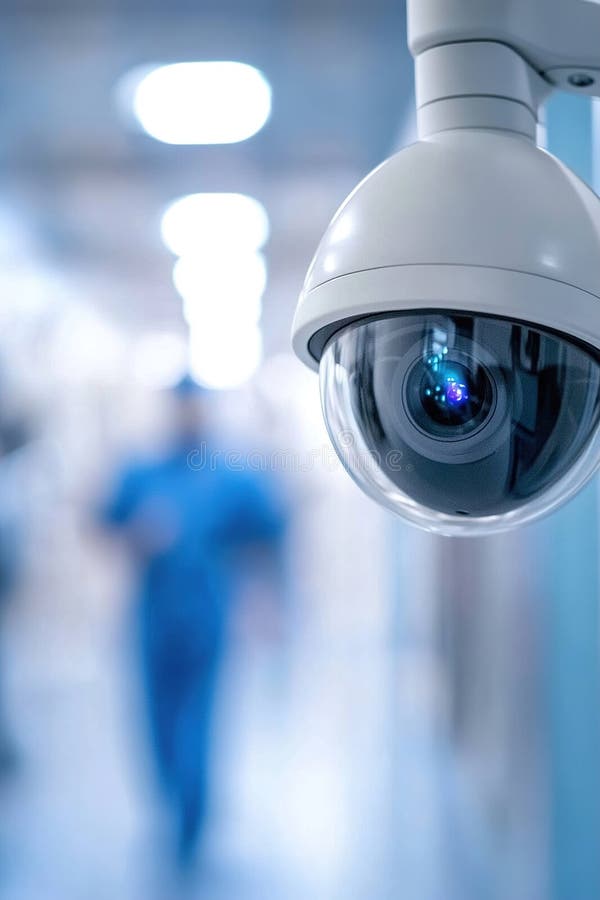 A Discreet Security Camera in a Softly Lit Hospital Corridor Captures ...