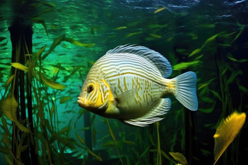 Discus Fish Navigating through an Underwater Forest of Green Leaves ...