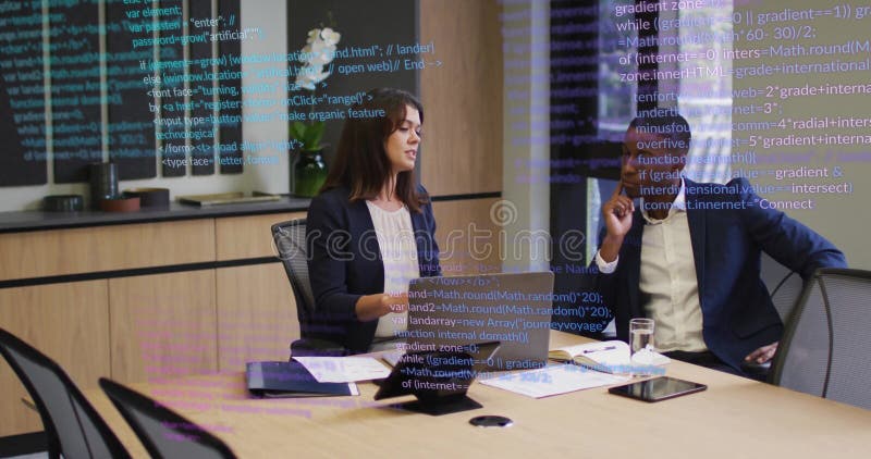 Discussing Business Strategy, Colleagues in Office with Programming Code Image Over Them Stock ...
