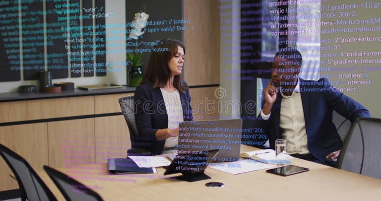 Discussing Business Strategy, Colleagues in Office with Programming Code Image Over Them Stock ...