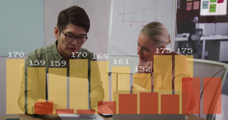 Discussing Data, Two Colleagues Using Bar Chart Animation in Office ...