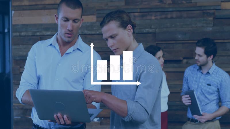 Discussing Data, Two Men Using Laptop with Bar Chart Animation in ...