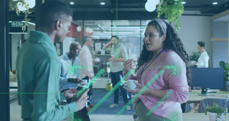 Discussing Digital Data, Diverse Colleagues in Office with Animation ...