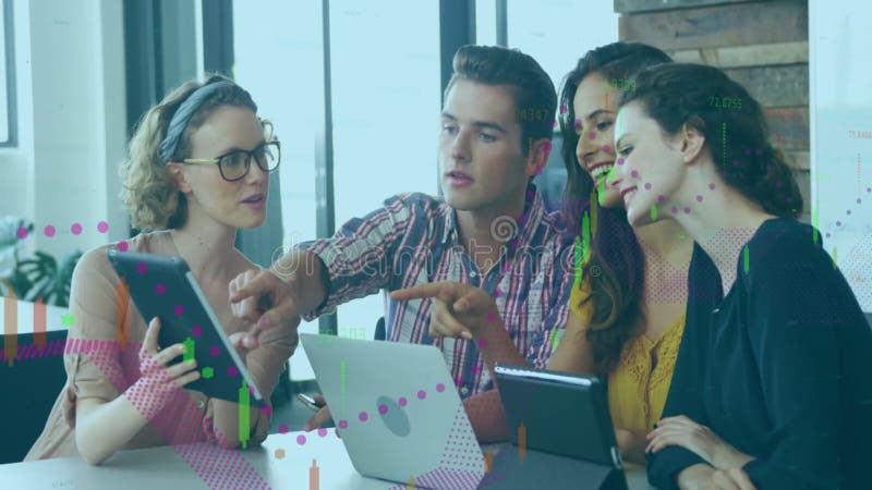 Discussing Digital Data Overlay, Diverse Group Using Tablets and Laptops in School Stock Footage ...