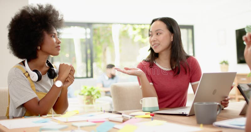 Discussing Ideas, Diverse Friends Collaborating with Laptop and Sticky ...