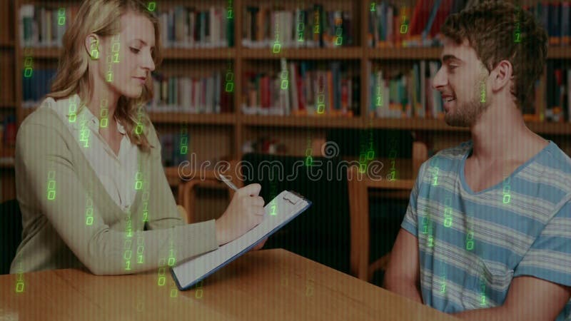 Discussing In Library Two People With Binary Code Animation Overlay