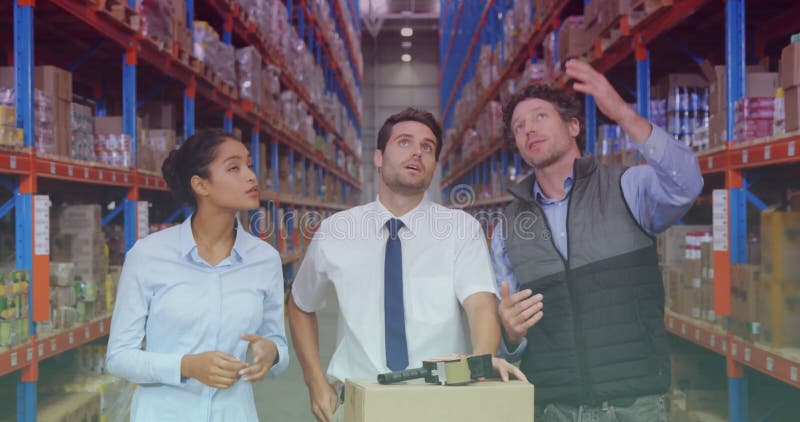 Discussing Logistics, Diverse Workers in Warehouse Management Animation ...