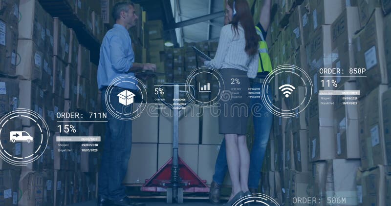 Discussing Logistics, Warehouse Workers with Data Processing Animation ...