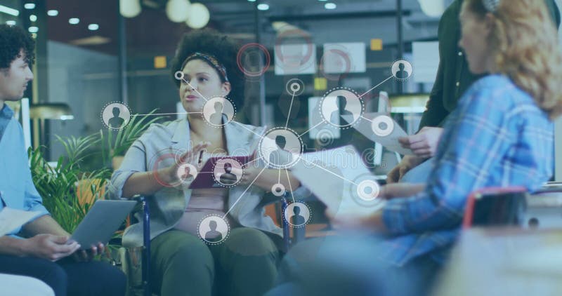 Discussing Project, Diverse Team with Animation of Digital Network ...