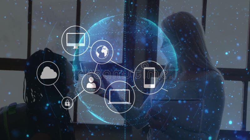 Discussing Technology, People in Office with Animation of Digital ...