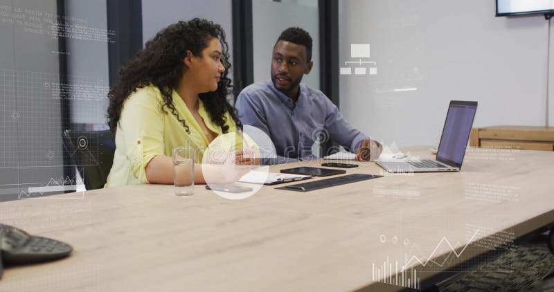 Discussing Work at Conference Table, Colleagues with Business Data ...