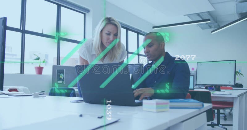 Discussing Work at Laptop, Colleagues in Office with Data Processing ...