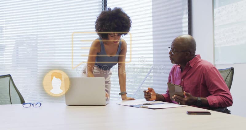 Discussing Work, Two Colleagues in Office with Digital Profile Icons ...