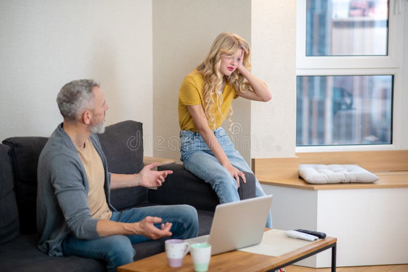 Dad and His Daughter at Home Having a Discussion Stock Image - Image of ...