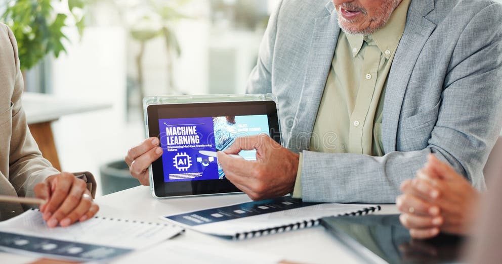 Discussion, Hands and Meeting with Tablet Screen in Office for Ai or ...