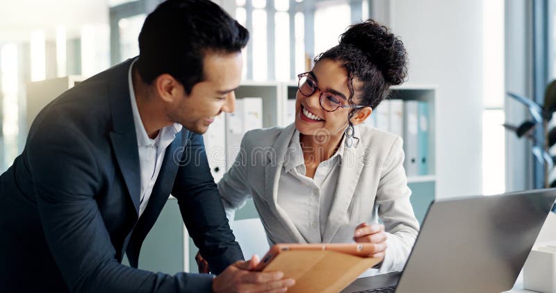 Discussion, Laptop and Business People in the Office Doing Research for ...