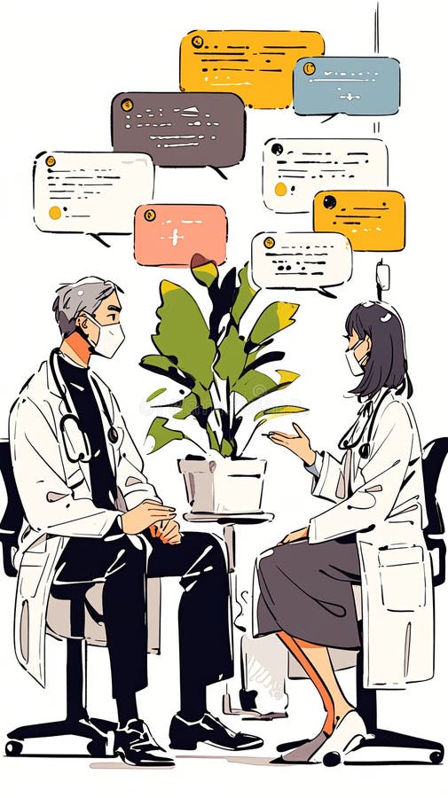 Discussion between Two Doctors in an Office with Conversation Bubbles ...