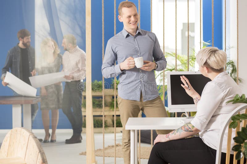 Discussion at work stock image. Image of development - 93321509