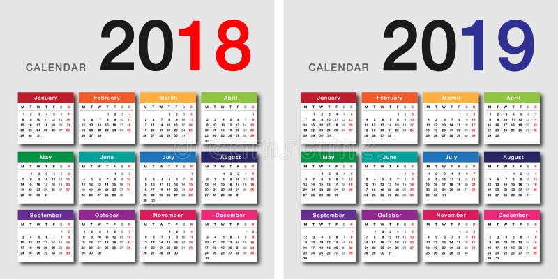 Diseño Del Vector Del Calendario Del Año 2018 Y Del Año 2019 Stock de ...