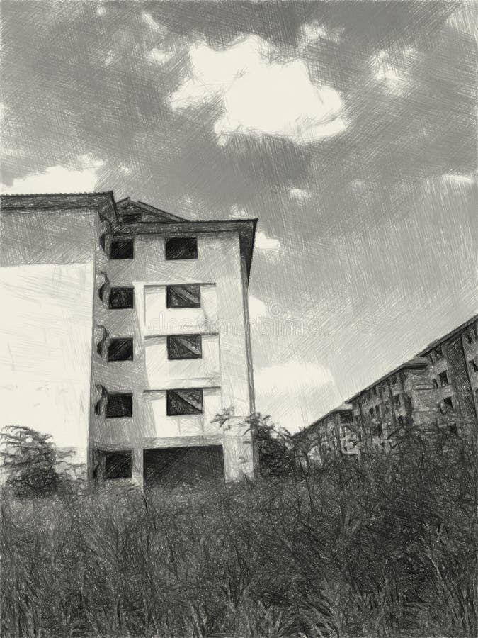 Disegno in Bianco E Nero Di Un Edificio Abbandonato Immagine Stock - Immagine di bello, mattone ...