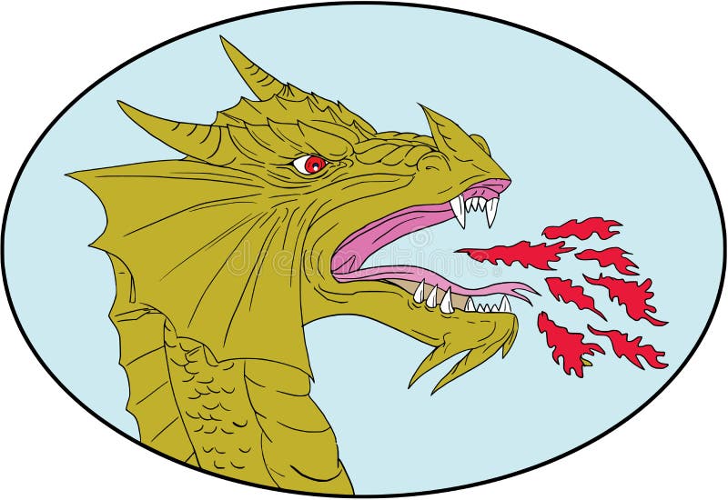 Disegno Di Dragon Head Breathing Fire Oval Illustrazione di Stock ...
