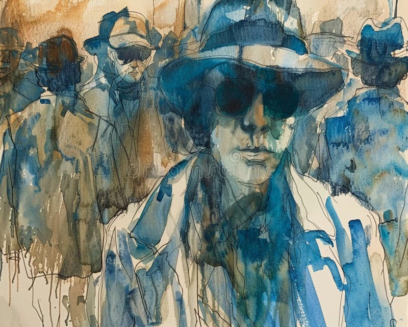Disguised Spy in a Crowd, Mixed Cool Tones, Watercolor, Hand Drawing ...