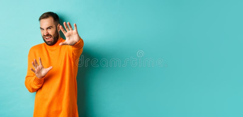 Disgusted Man Cringe and Extending Hands in Protection, Begging for ...