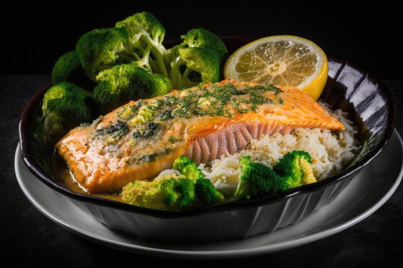 A Dish of Baked Salmon and Rice and Broccoli in Peak Season Stock ...