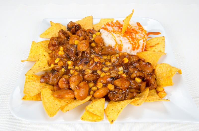 Dish of Chips, Beans, Corn and Rice. Stock Photo - Image of flavorful ...