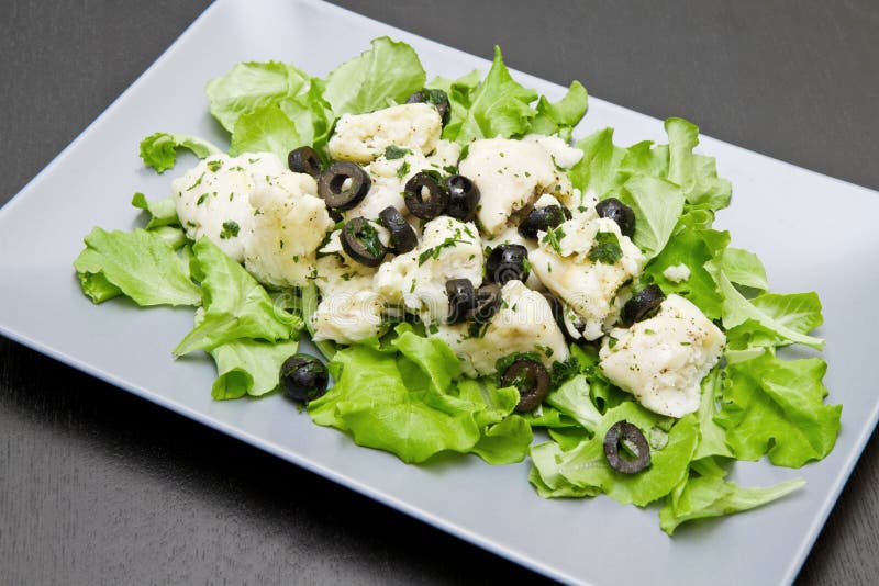 Dish of Cod Salad with Black Olives Stock Photo - Image of dish, olives ...
