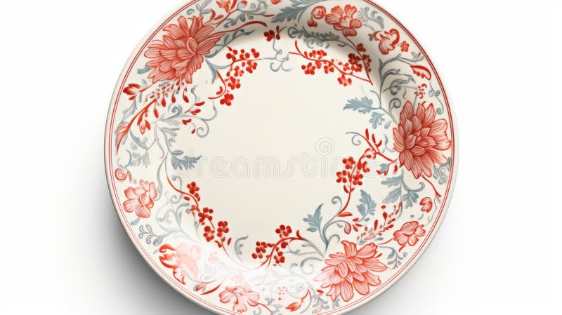 Realistic Red Dinner Plate with Grey Floral Patterns Stock Illustration ...