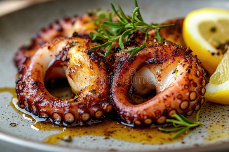A Dish Featuring Roasted Octopus Tentacles on a Plate, Garnished and ...
