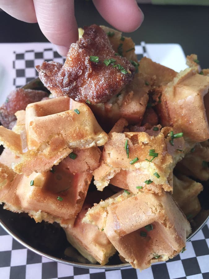 Dish of Fried Chicken Chunks and Waffle Bites Stock Image - Image of ...