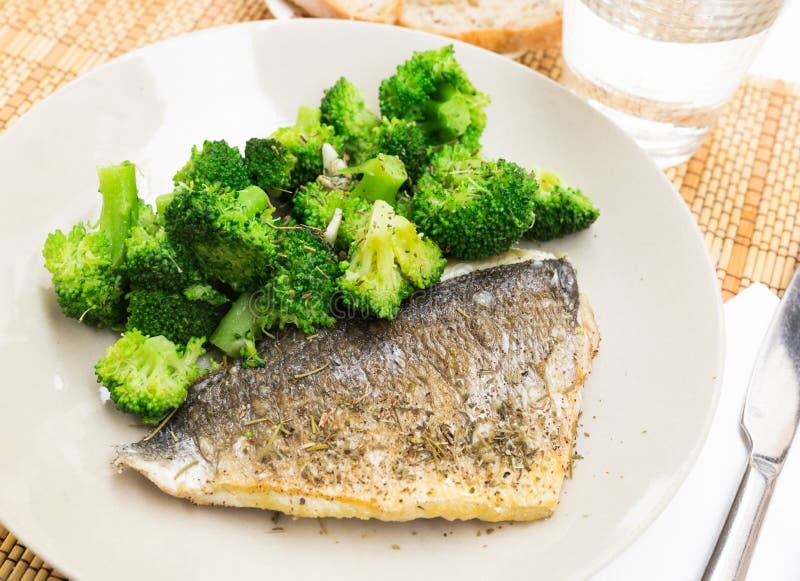 Dish of Fried Dorado Fish Fillet with Boiled Broccoli Stock Photo ...