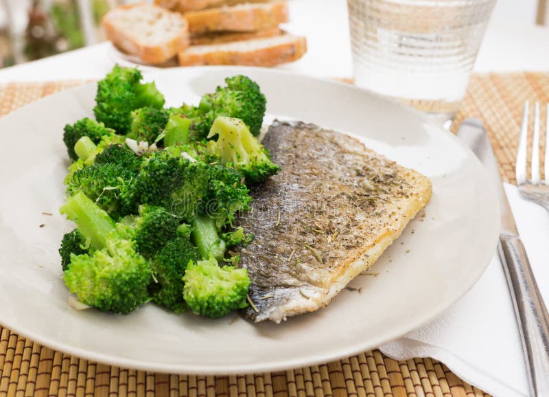 Dish of Fried Dorado Fish Fillet with Boiled Broccoli Stock Photo ...