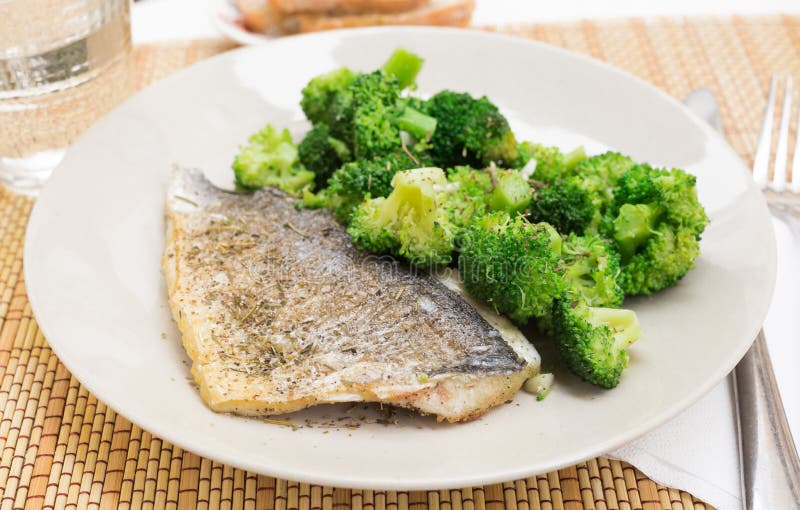 Dish of Fried Dorado Fish Fillet with Boiled Broccoli Stock Photo ...