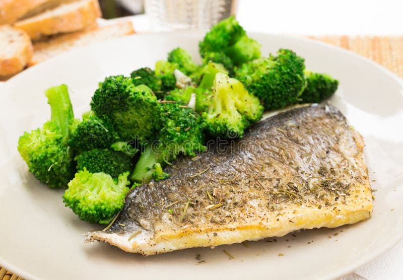 Dish of Fried Dorado Fish Fillet with Boiled Broccoli Stock Photo ...