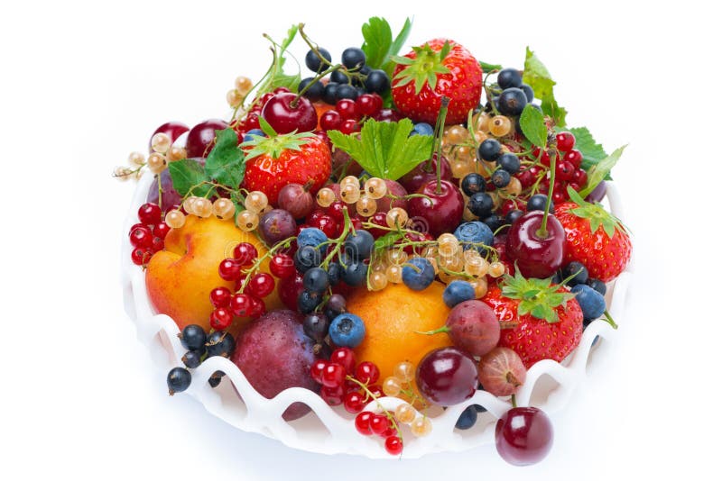 Dish with Fruit and Seasonal Berries, Top View, Isolated Stock Image ...
