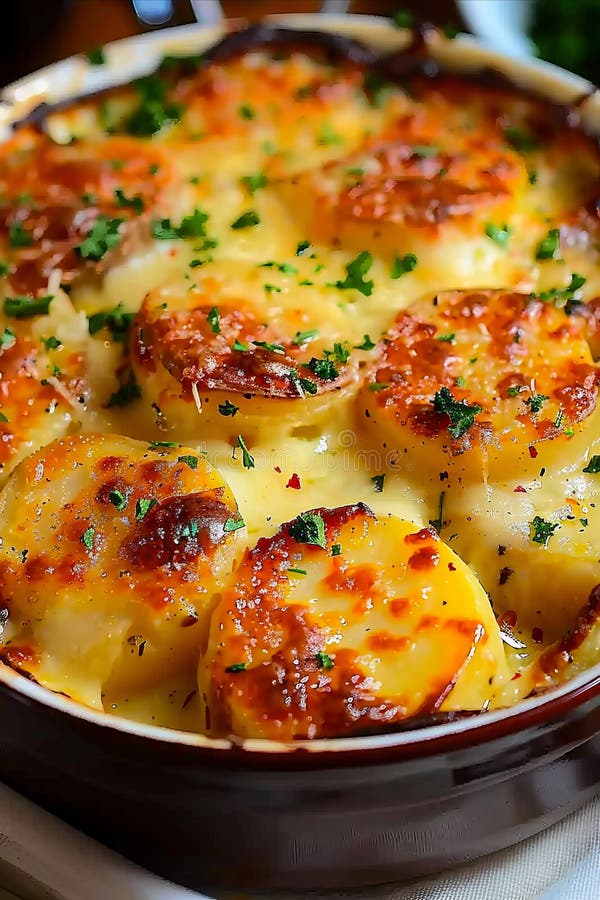 A Dish of Potatoes with Cheese and Herbs Stock Photo - Image of scallop ...