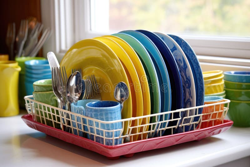 Dish Rack Filled with Clean, Colorful Dishes Stock Image - Image of ...